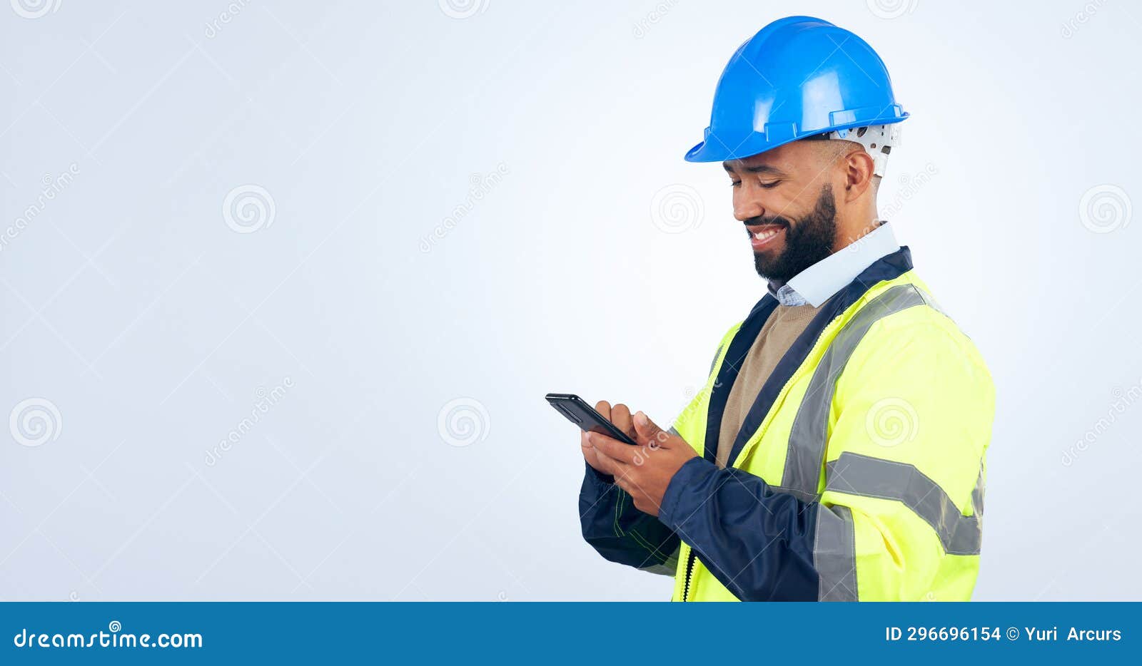 Engineering, Man and Phone for Construction Chat, Communication and ...