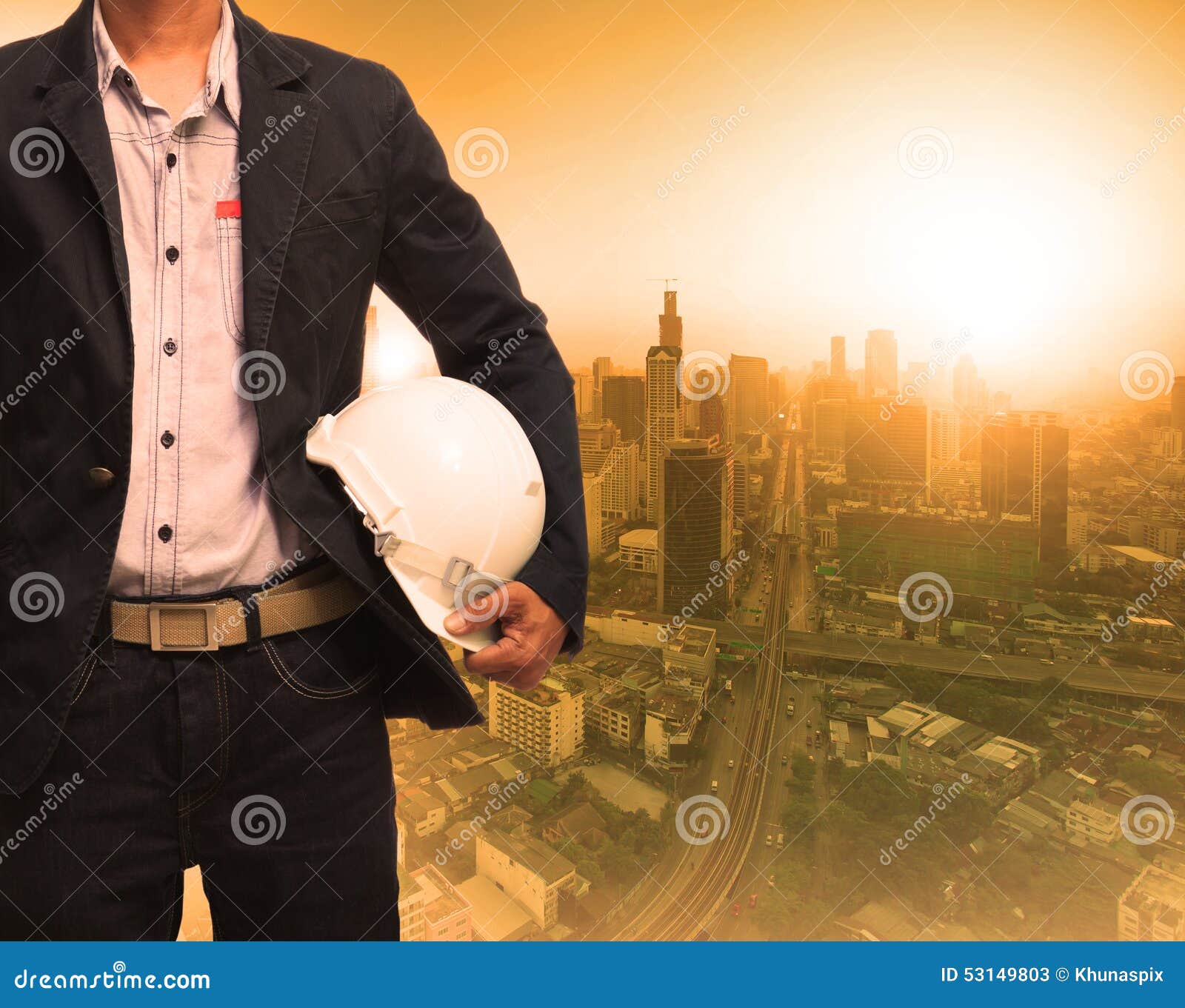 Engineering Man and Sun Light Behind Urban Construction Backgrou Stock ...
