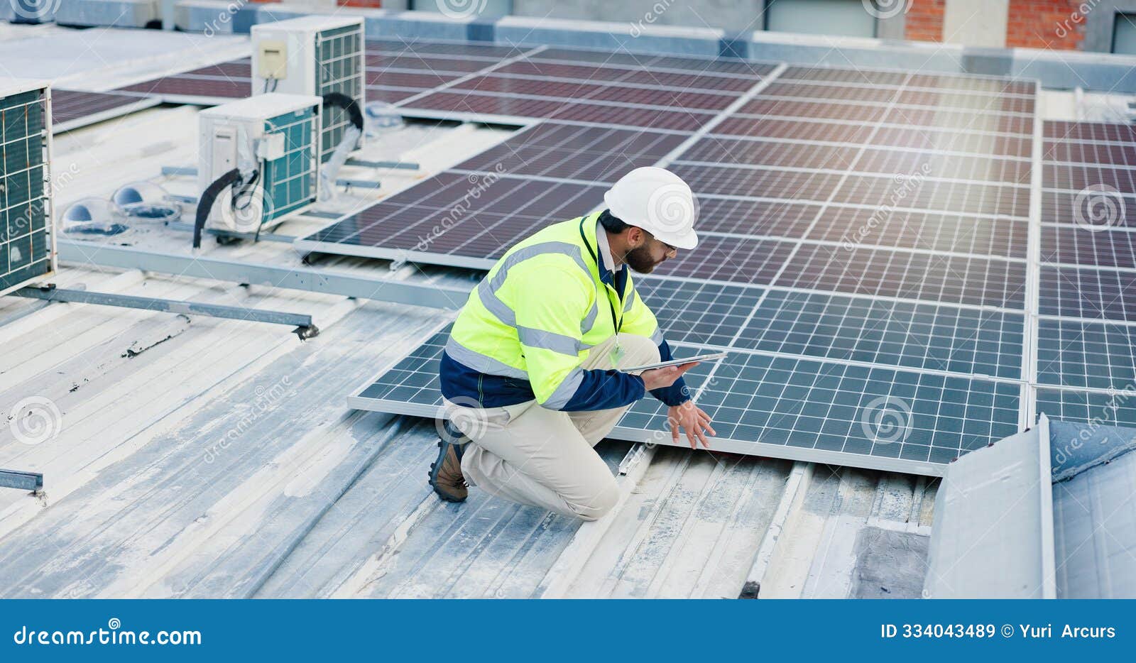 Engineering, Man and Tablet for Solar Panels, Energy Saving and ...