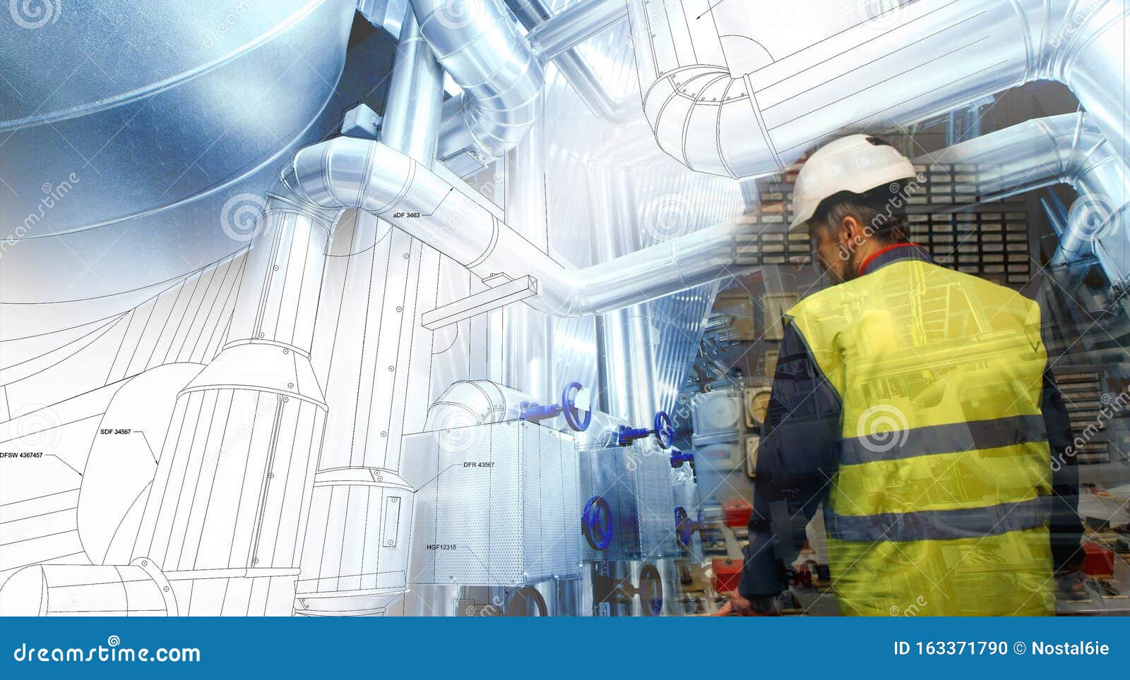 Engineering Man Working on Power Plant As Operator Against Drawings ...