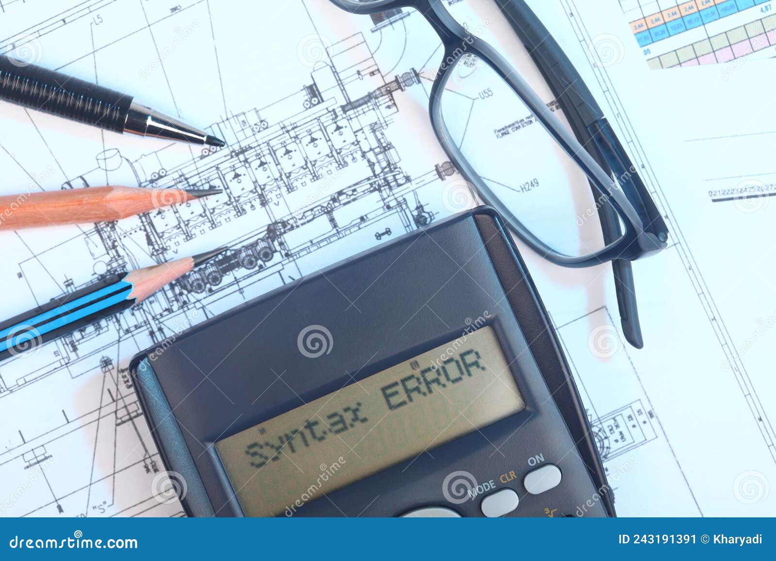 Engineering Drawing, Eyeglasses, Pencil, Pen and Calculator Showing ...