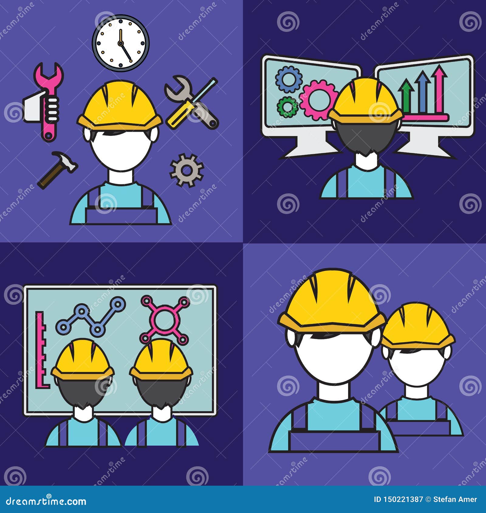 Engineering, Mechanic and Support Vector Set, Flat Outlined Design ...