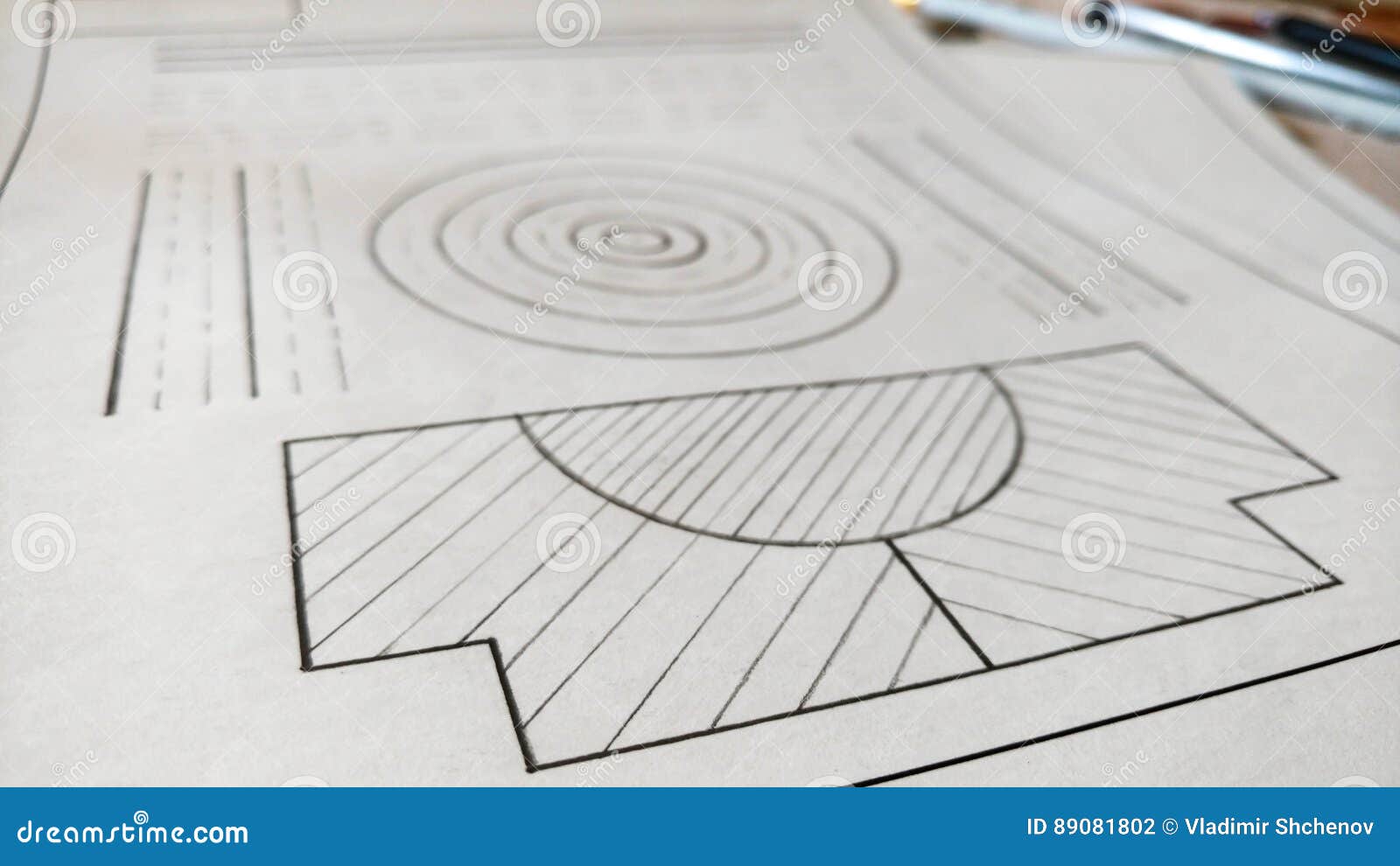 Engineering Mechanical Drawing on Paper. Figures, Lines, Circle Drawn ...