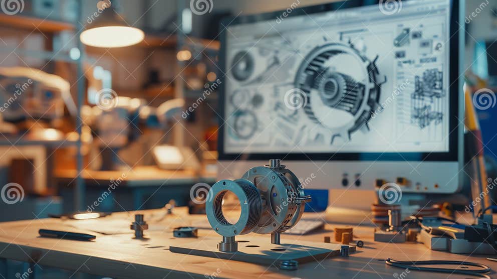 Engineering Parts and Computer Design on Monitor in a Workshop ...