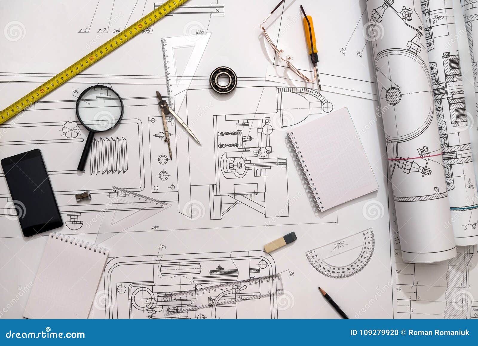 Engineering Project with Work Tools Stock Photo - Image of pencil ...