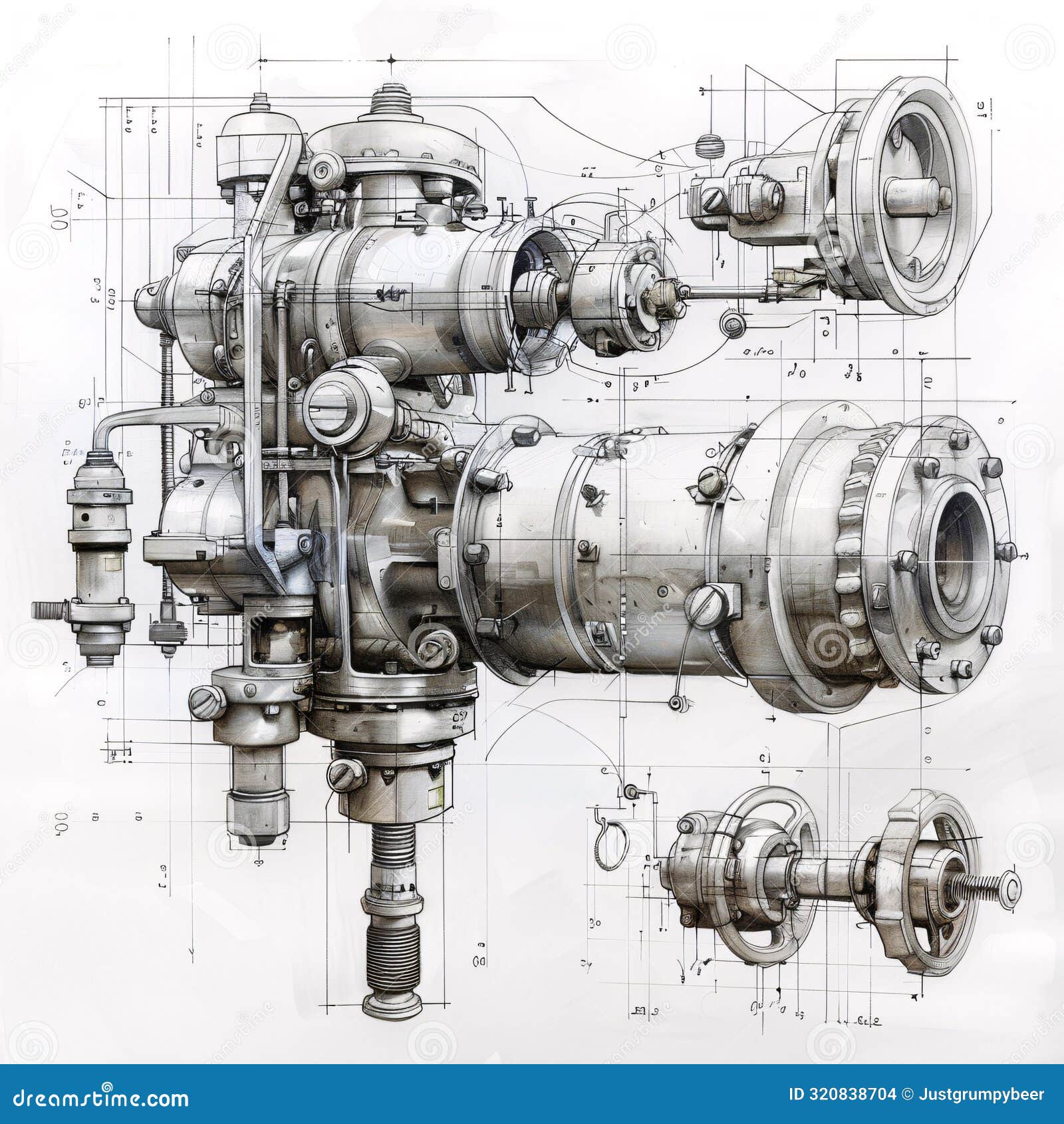 Engineering Schematic with Components, Bolts, Gears, and Cylinders ...