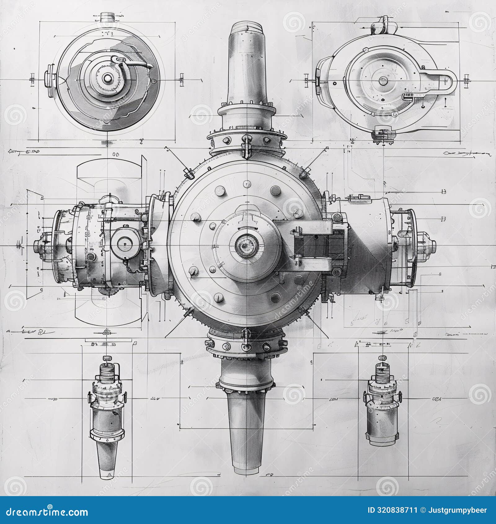 Engineering Schematic with Components, Bolts, Gears, and Cylinders ...