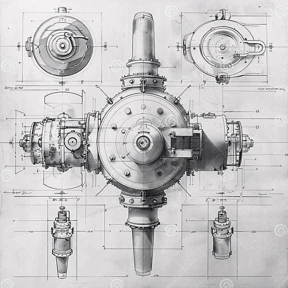 Engineering Schematic with Components, Bolts, Gears, and Cylinders ...
