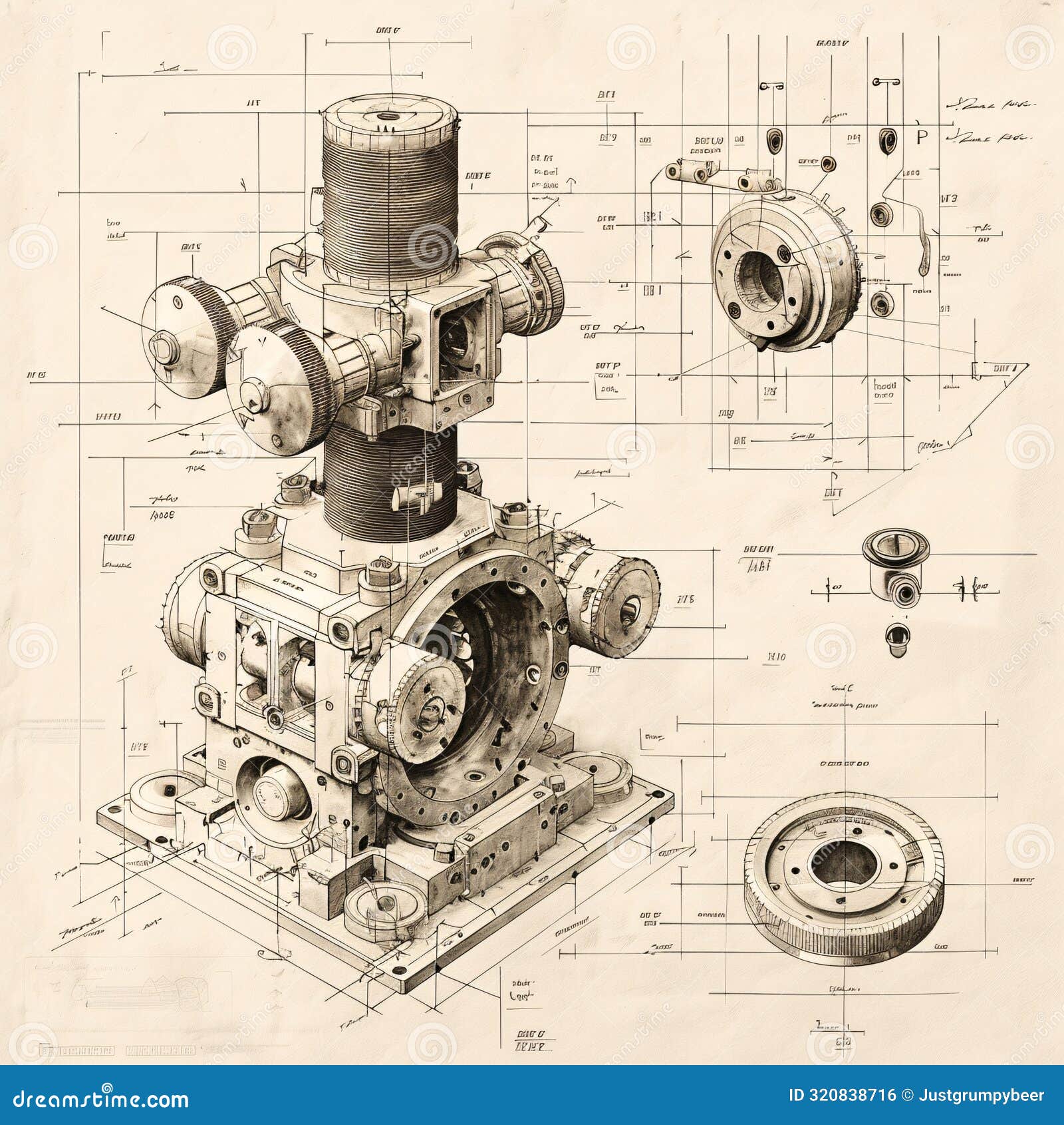 Engineering Schematic With Components, Bolts, Gears, And Cylinders ...