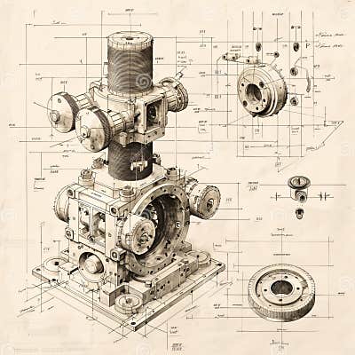 Engineering Schematic with Components, Bolts, Gears, and Cylinders ...