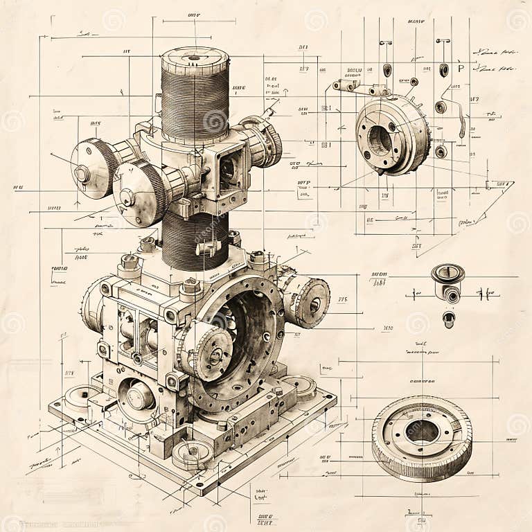 Engineering Schematic with Components, Bolts, Gears, and Cylinders ...