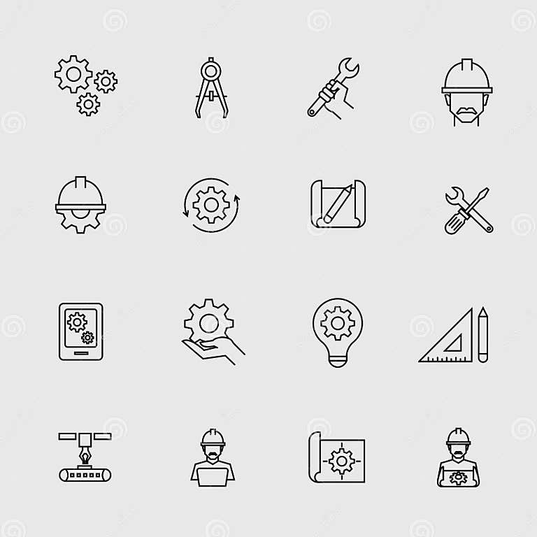 Engineering Simple Icons. Machine Engineers and Architect Engineer Work ...