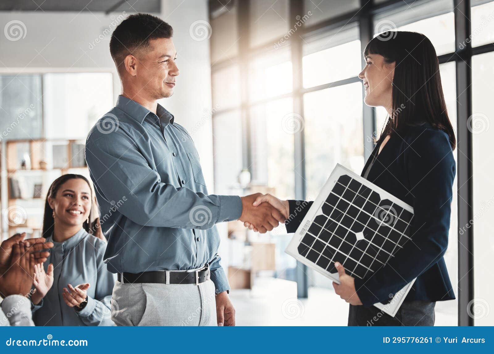 Engineering, Success and Solar Panels with People and Handshake for ...