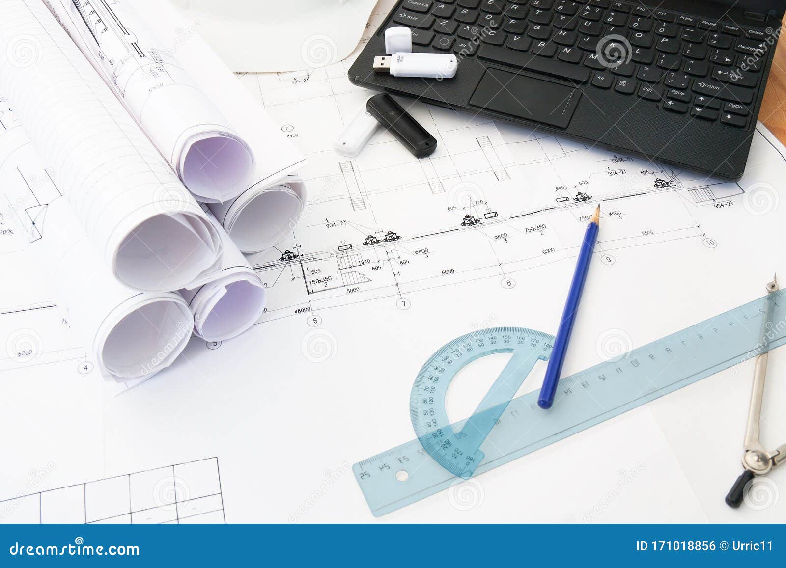 Engineering Table with Laptop and USB Memory Stock Photo - Image of ...