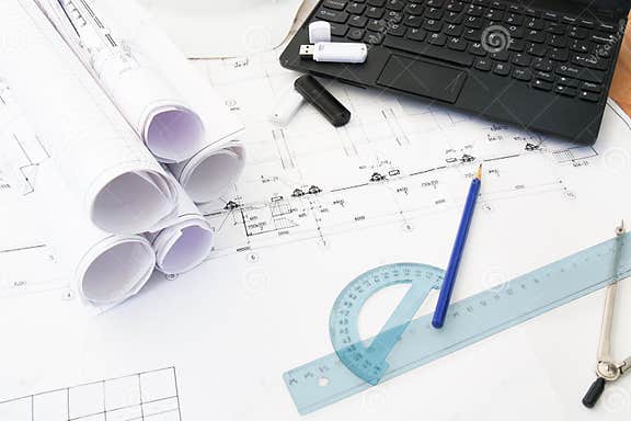 Engineering Table with Laptop and USB Memory Stock Photo - Image of ...