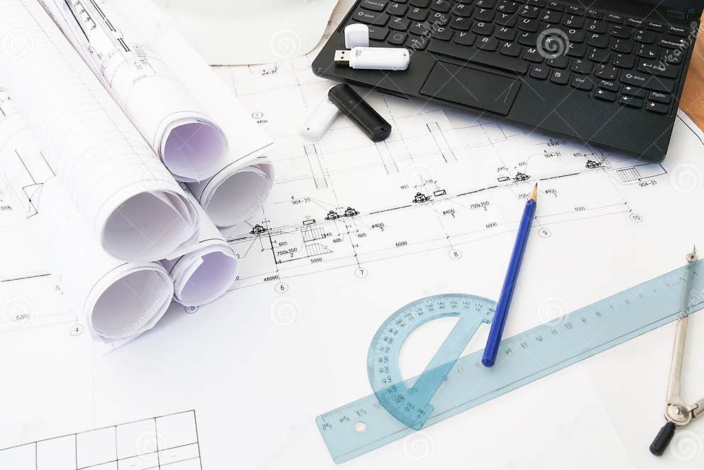 Engineering Table with Laptop and USB Memory Stock Photo - Image of ...