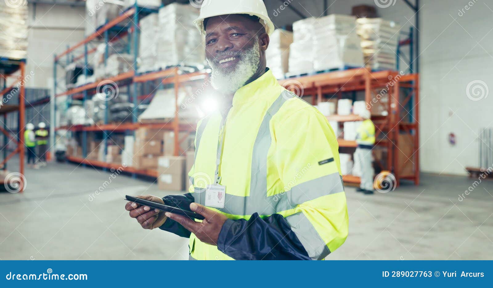 Engineering, Tablet and Face of Black Man Man in a Warehouse Doing Inventory, Stock Check or ...