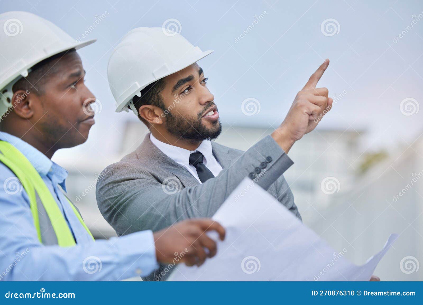 Engineering, Teamwork and Leader with Blueprint at Construction Site ...