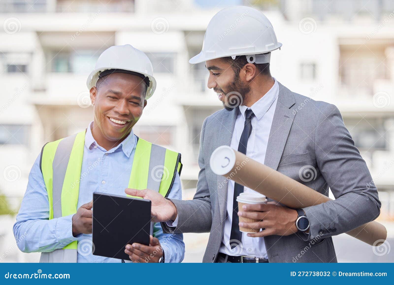 Engineering, Teamwork and Men with Tablet at Construction Site for ...