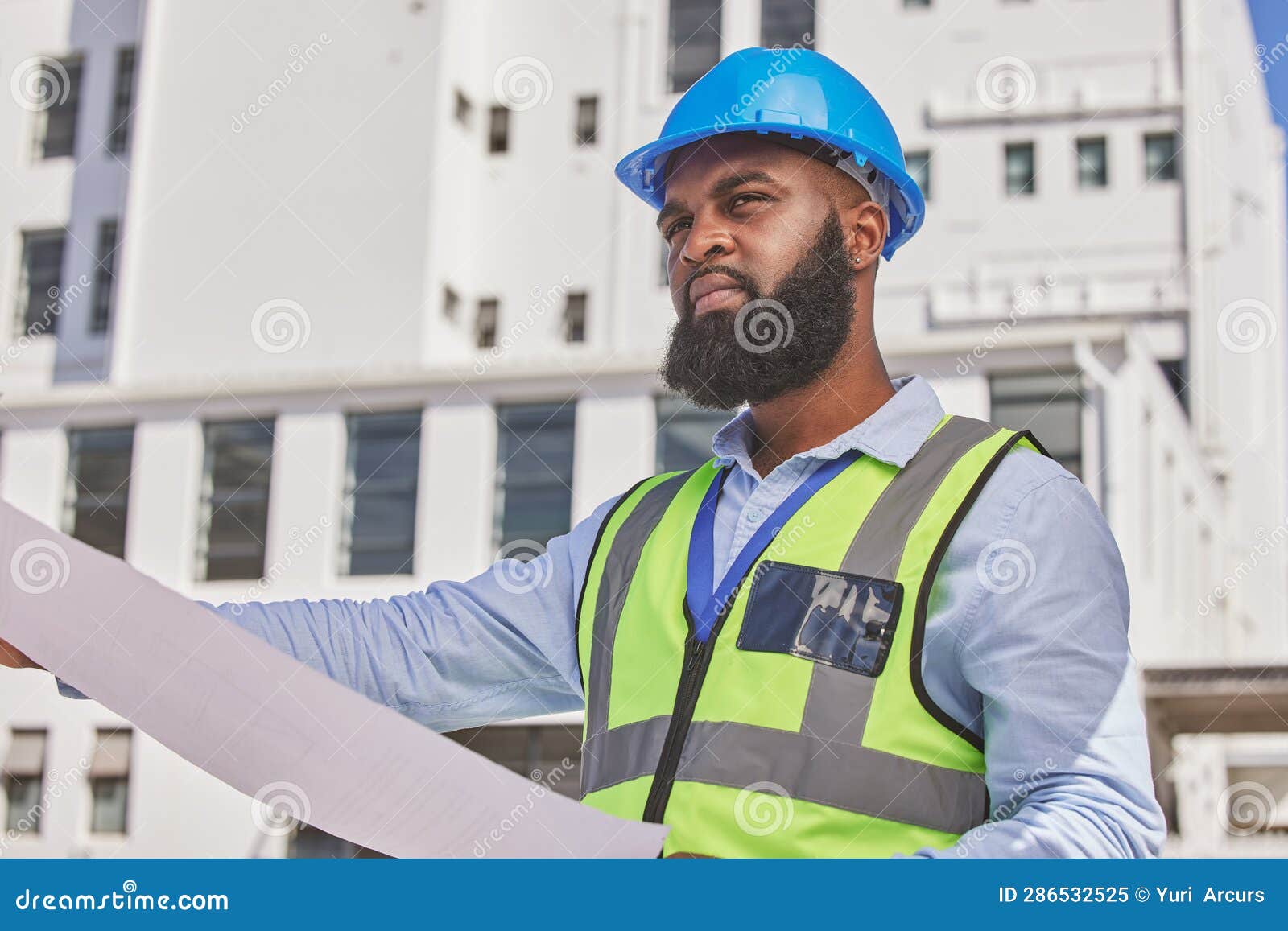 Engineering, Thinking or Contractor with Blueprint on Construction Site ...