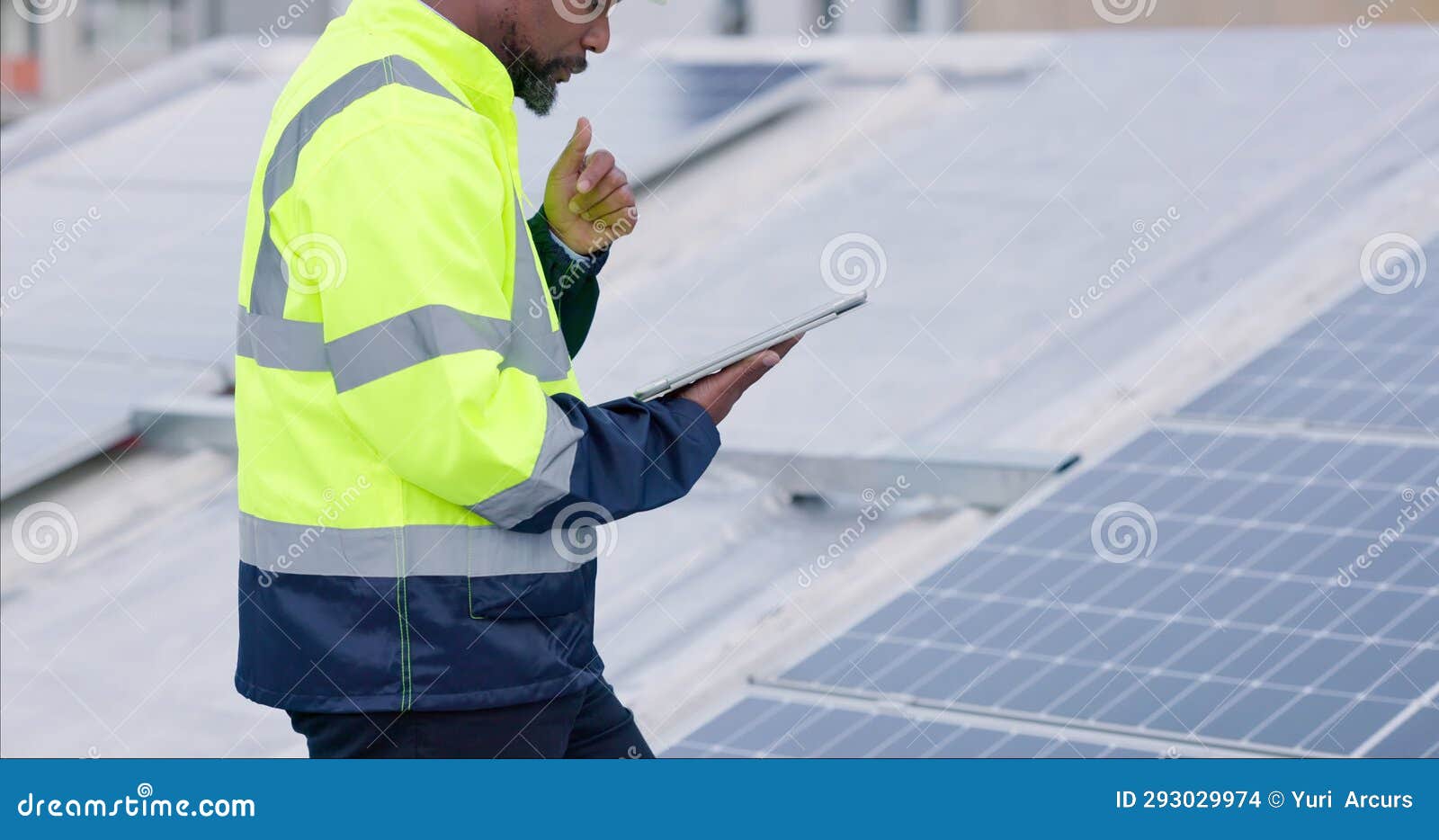 Engineering, Thinking and Man with Tablet for Solar Panels ...