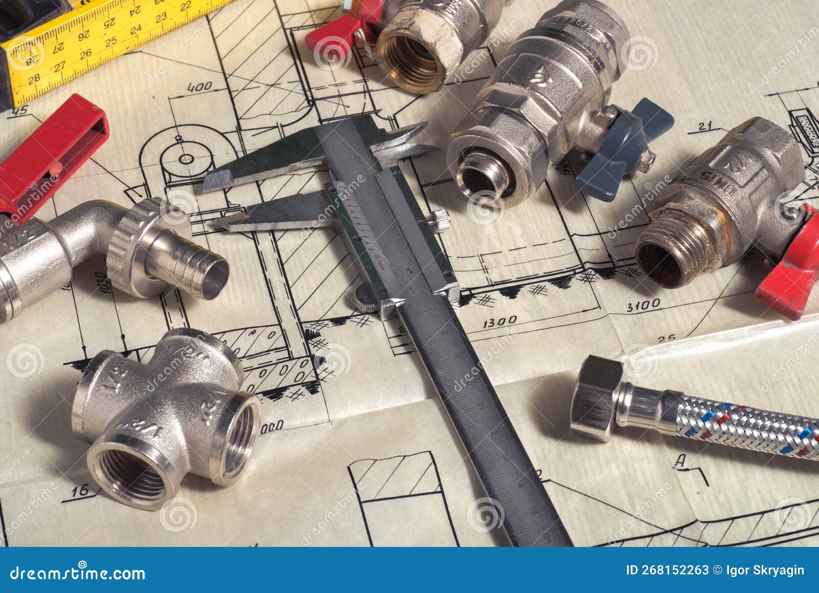 Engineering Tools and Details on a Technical Drawing. Caliper and Ruler ...