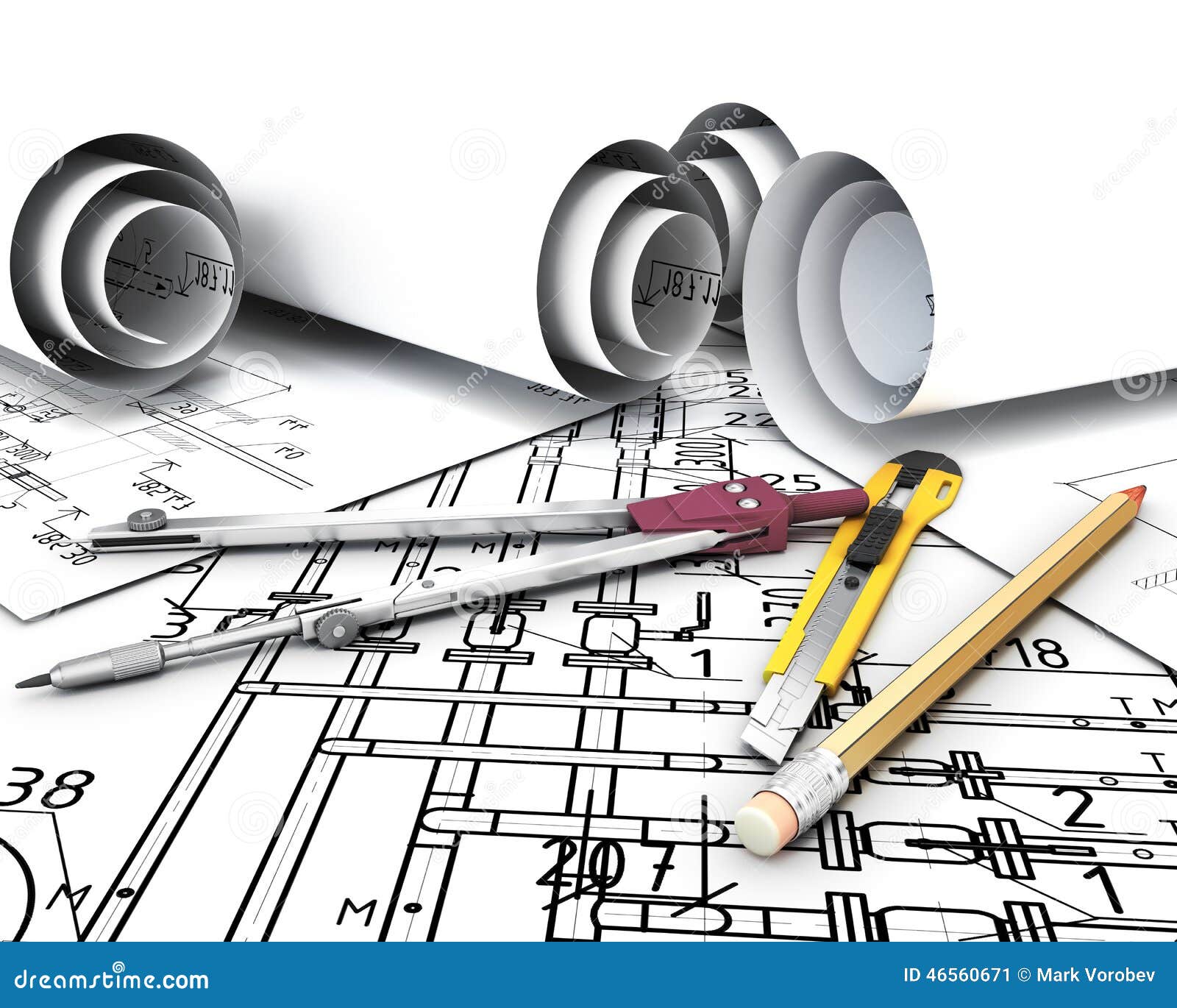 Engineering Tools on the Drawing Plans. Stock Illustration ...