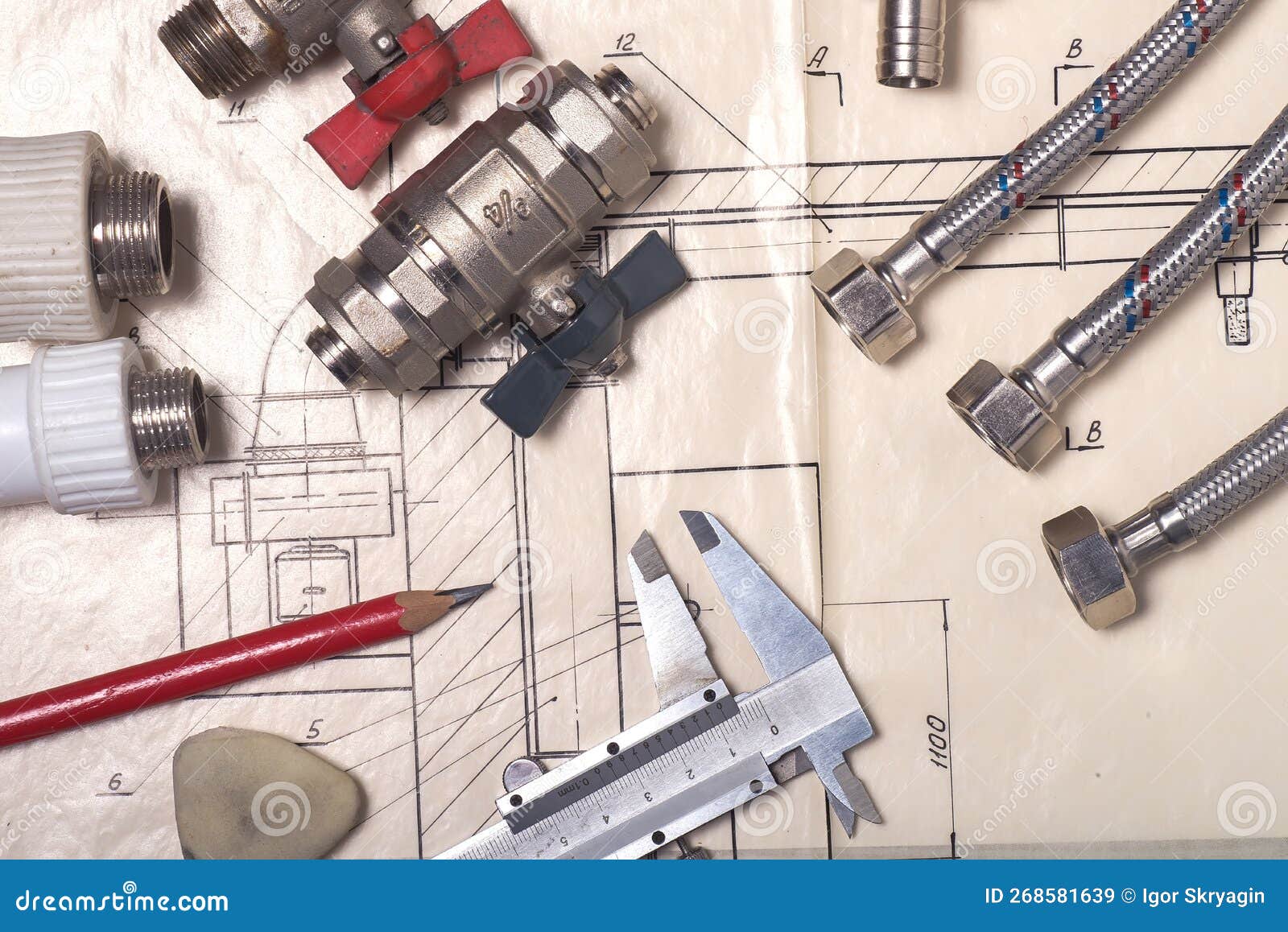 Engineering Tools and Plumbing Details on a Technical Drawing. Caliper ...