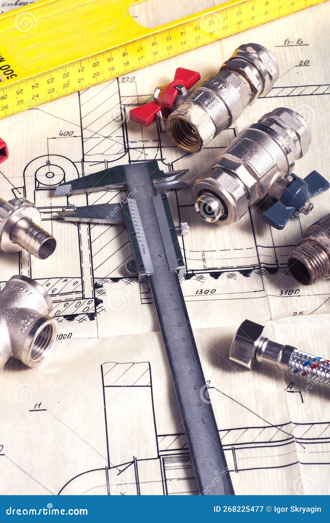 Engineering Tools and Plumbing Details on a Technical Drawing. Caliper ...