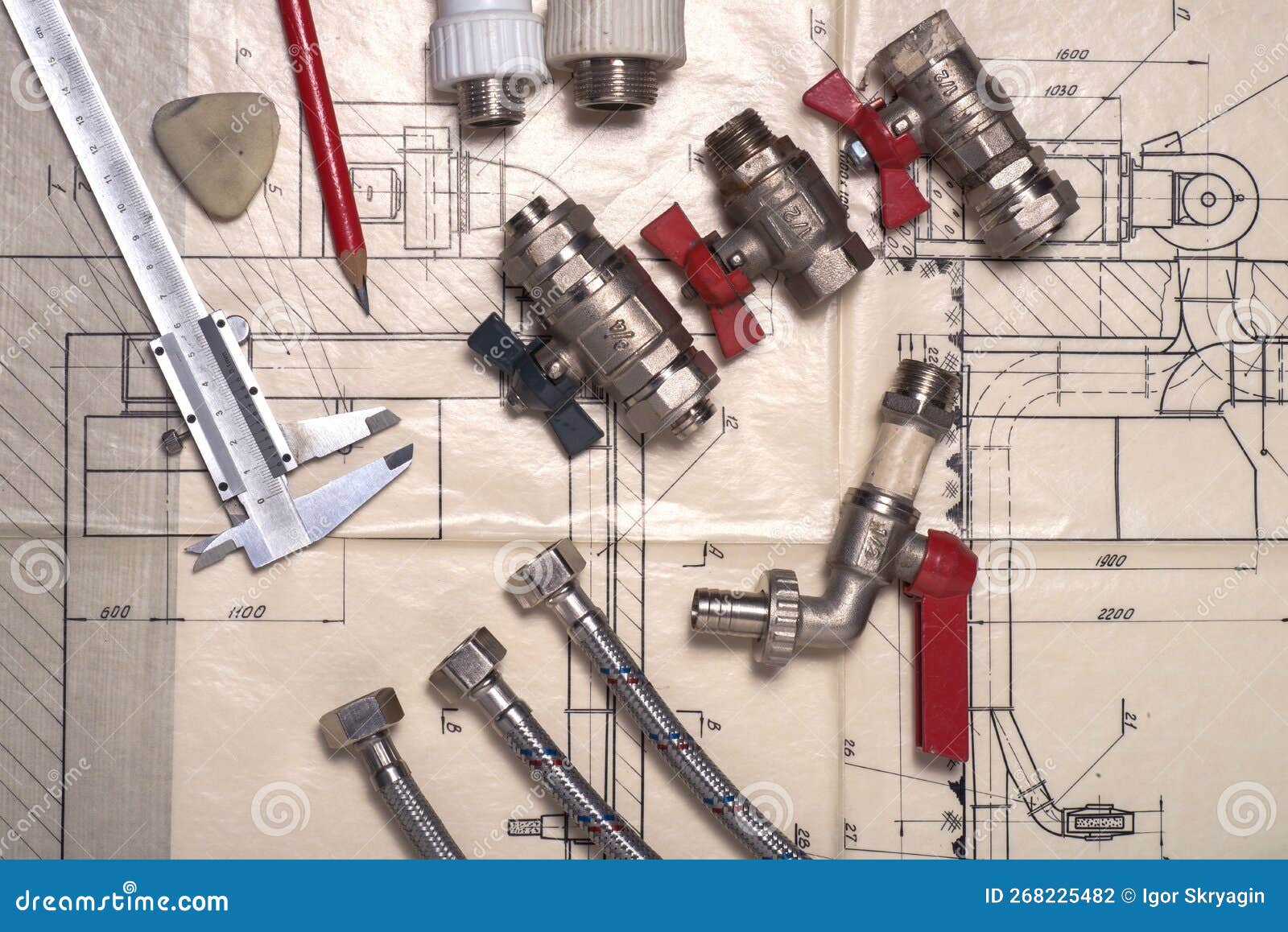 Engineering Tools and Plumbing Details on a Technical Drawing. Caliper ...
