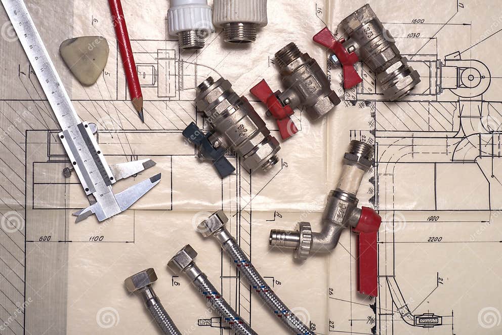 Engineering Tools and Plumbing Details on a Technical Drawing. Caliper ...