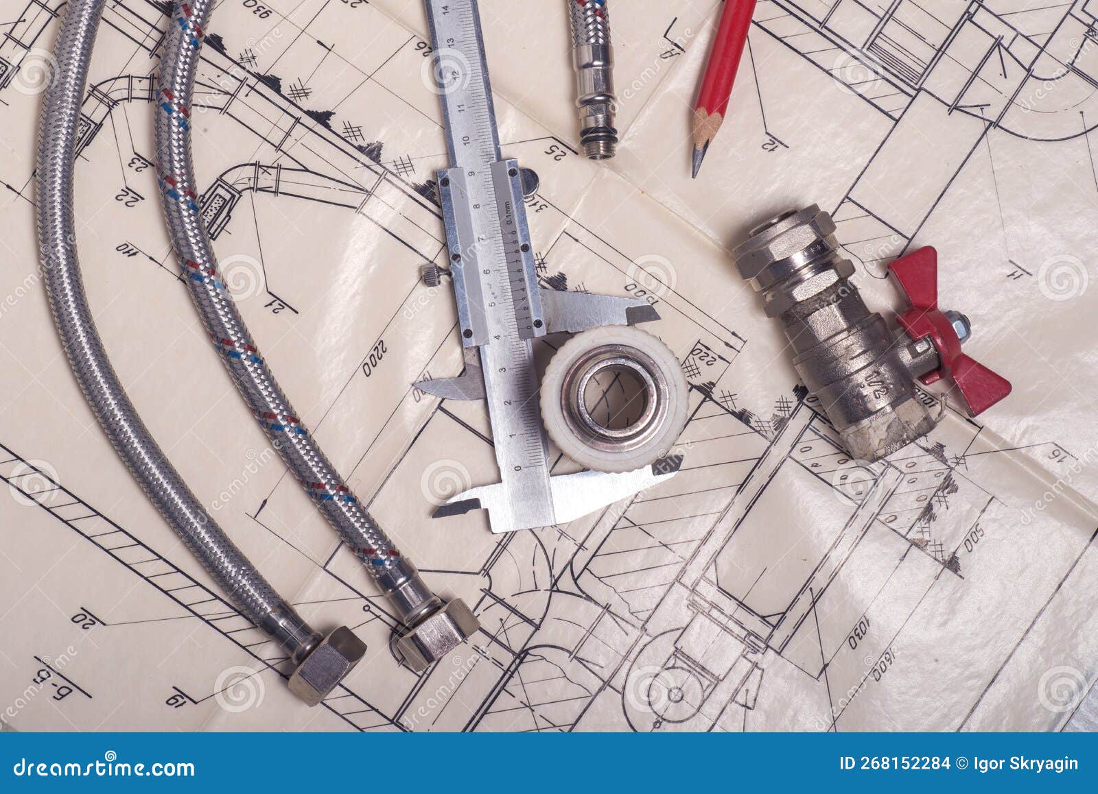 Engineering Tools and Plumbing Details on a Technical Drawing. Design ...