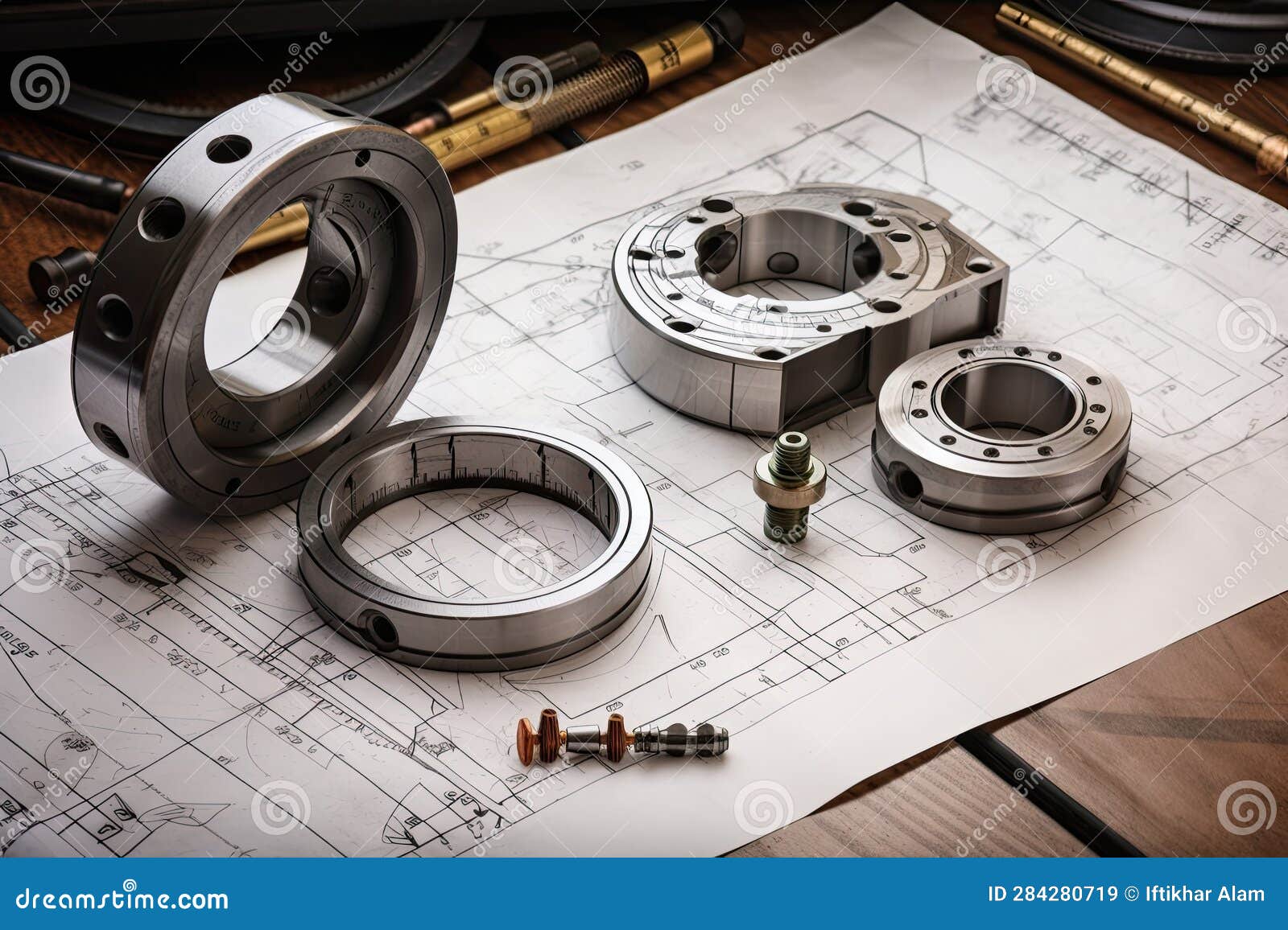 Engineering Tools on the Table with Technical Drawings, Close Up ...