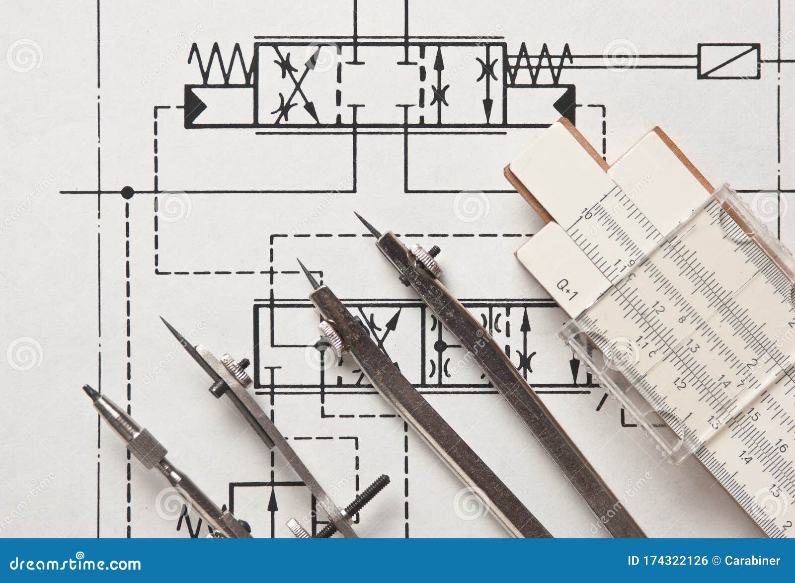 Engineering Tools on Technical Drawing Stock Photo - Image of painting ...