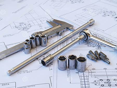 Engineering Tools on Technical Drawing Stock Photo - Image of layout ...
