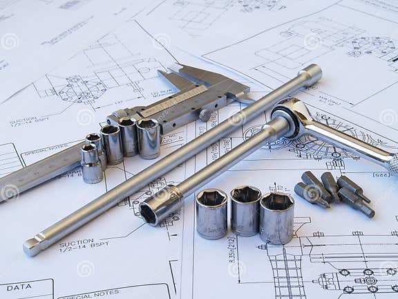 Engineering Tools on Technical Drawing Stock Photo - Image of layout ...