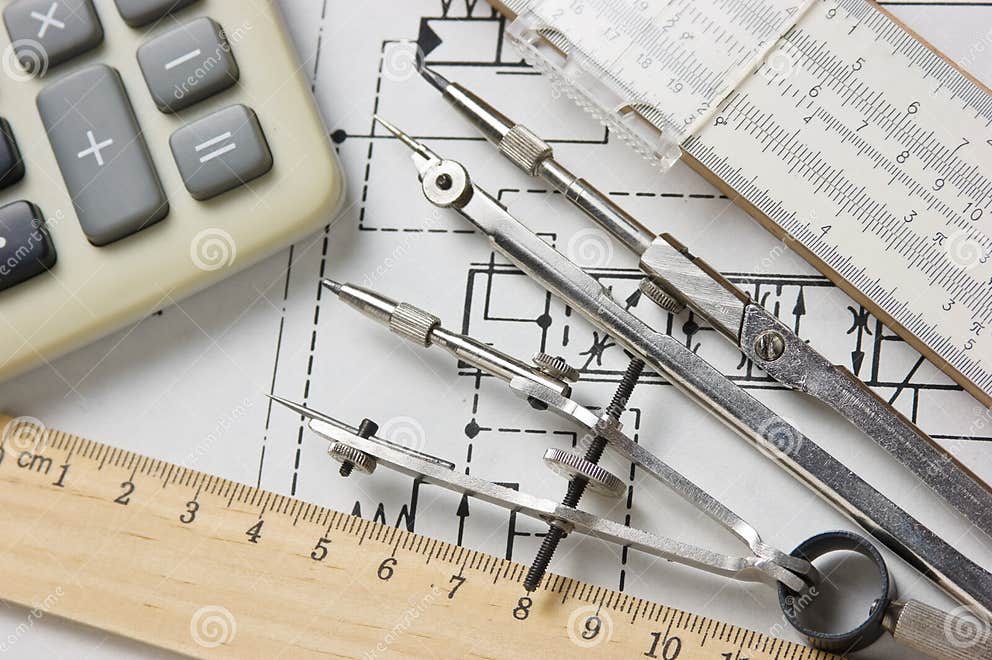 Engineering Tools on Technical Drawing Stock Image - Image of ruler ...