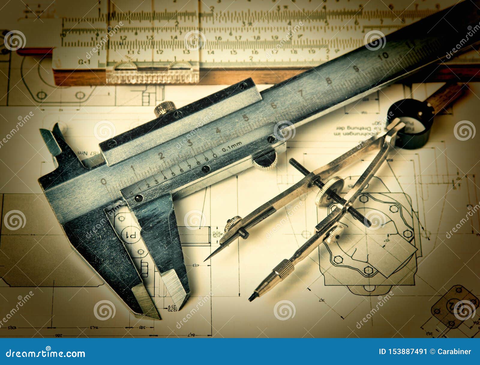 Engineering Tools on Technical Drawing Stock Image - Image of education ...