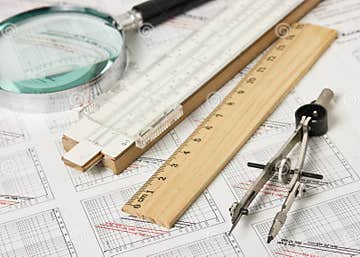 Engineering Tools on Technical Drawing Stock Photo - Image of compasses ...