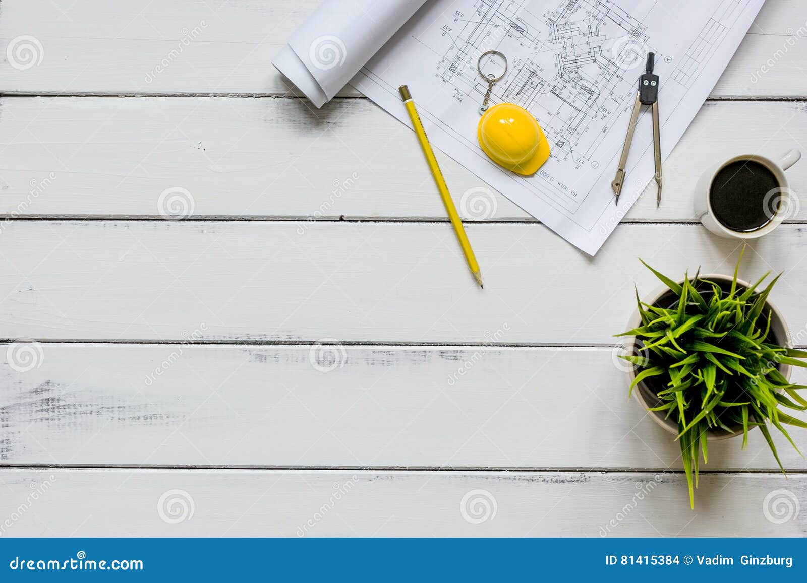 Engineering Tools on Wooden Table with Drawings Apartments Top View ...