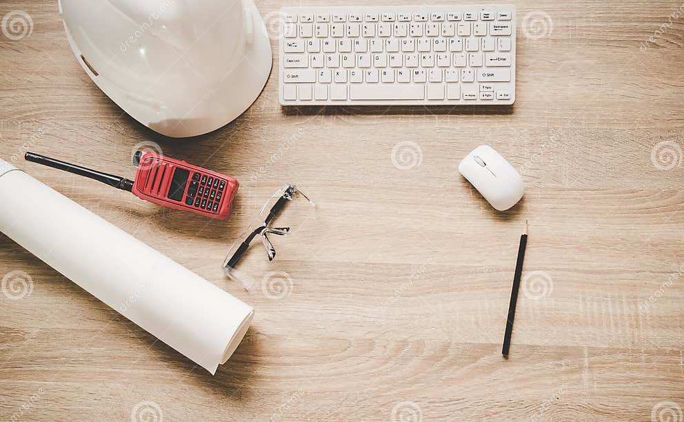 Engineering Tools on Work Table for Construction Project.with a White ...