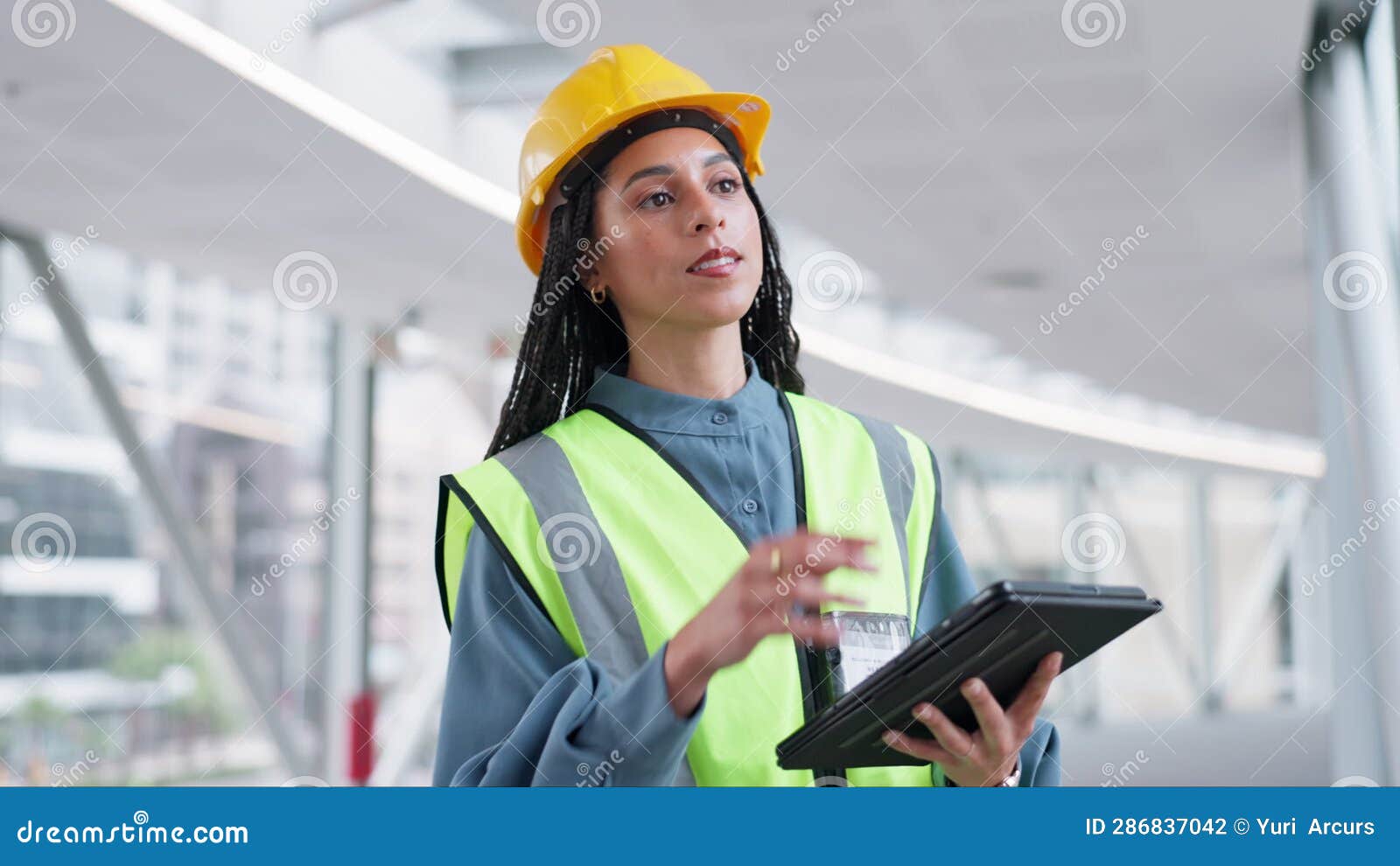 Engineering Woman, Tablet and Thinking of Building Design, Construction ...