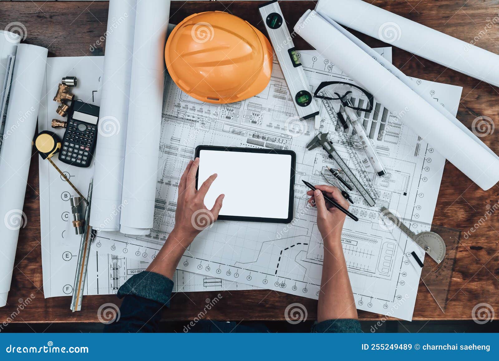 Engineering Working with Drawings Inspection on the Office Desk and ...