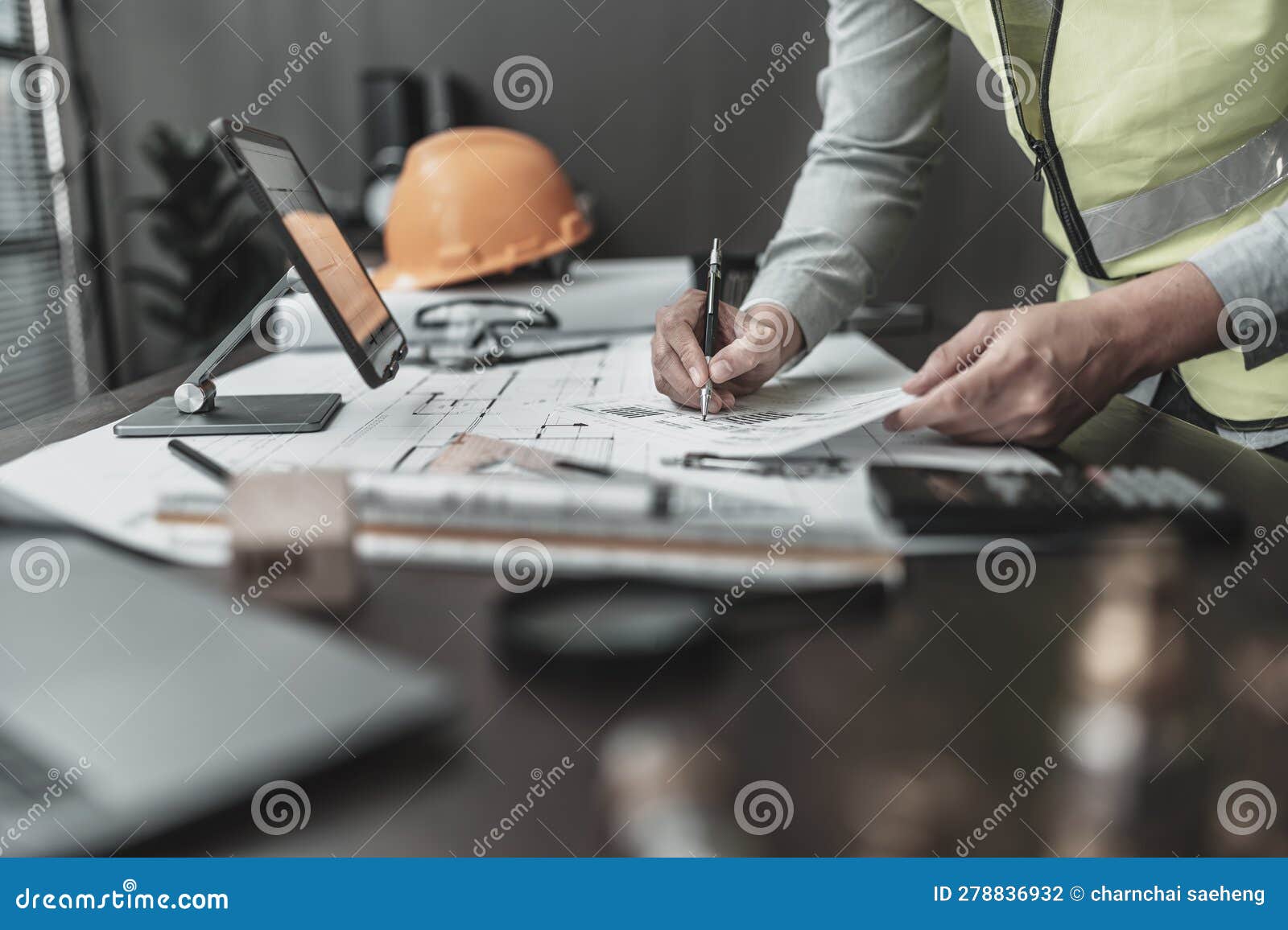 Engineering Working with Drawings Inspection and Writing on Blueprint ...