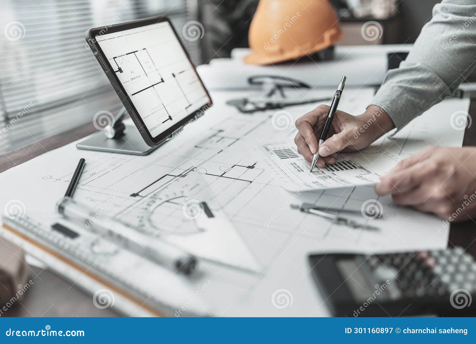 Engineering Working with Drawings Inspection and Writing on Blueprint ...