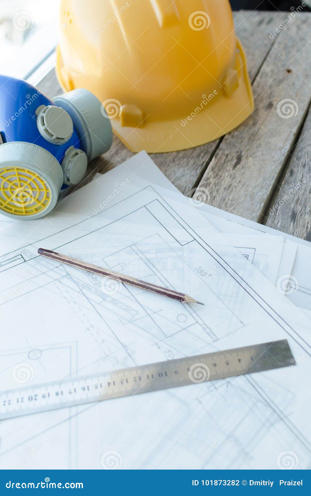 Engineering Workplace, Drawings, Protective Construction Helmet and ...