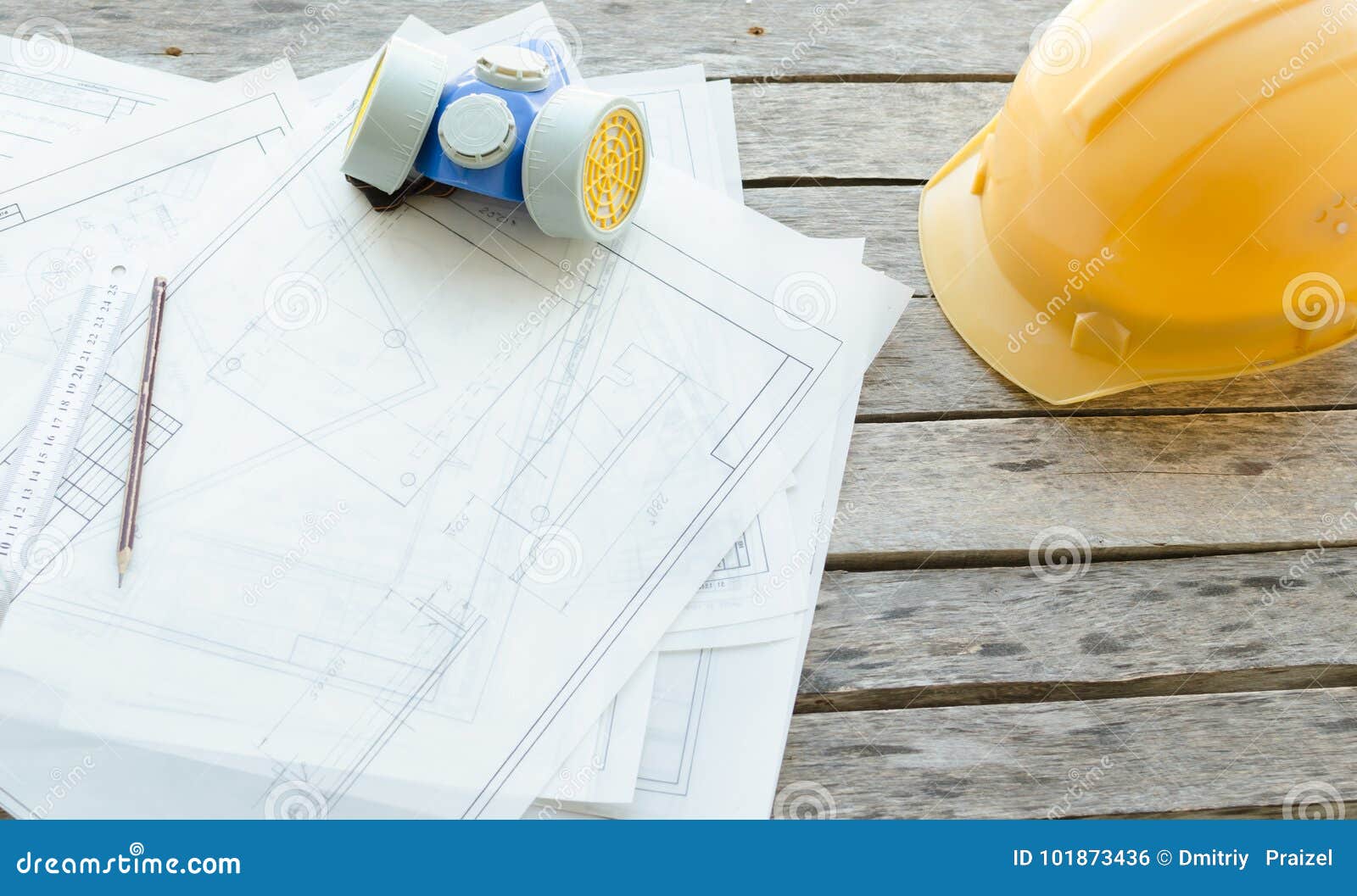 Engineering Workplace, Drawings, Protective Construction Helmet and ...