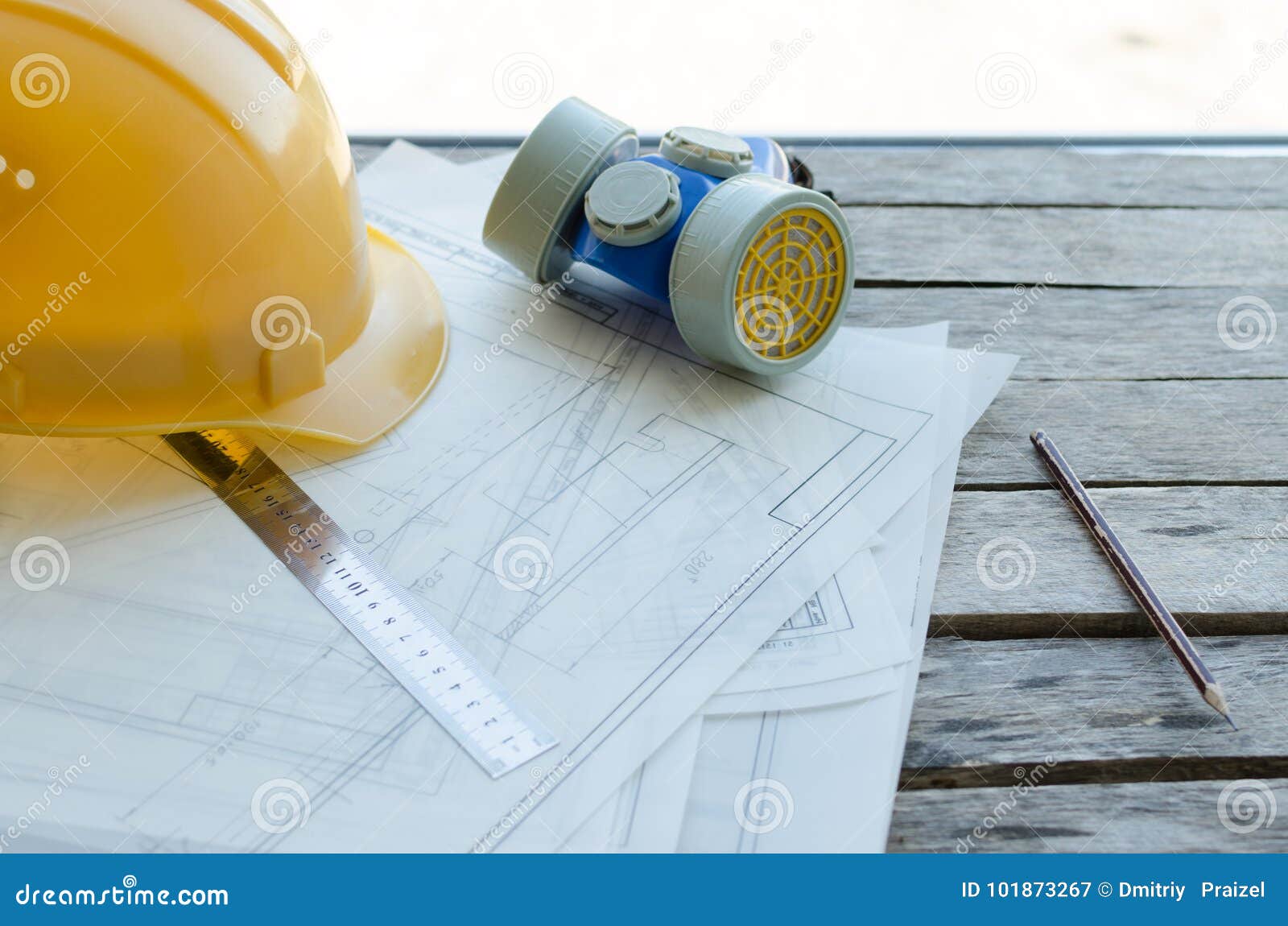 Engineering Workplace, Drawings, Protective Construction Helmet and ...