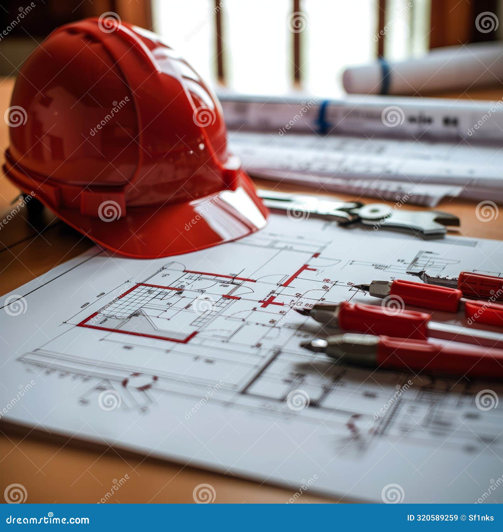 Engineering Workspace with Blueprints, Helmets, and Tools for Planning ...