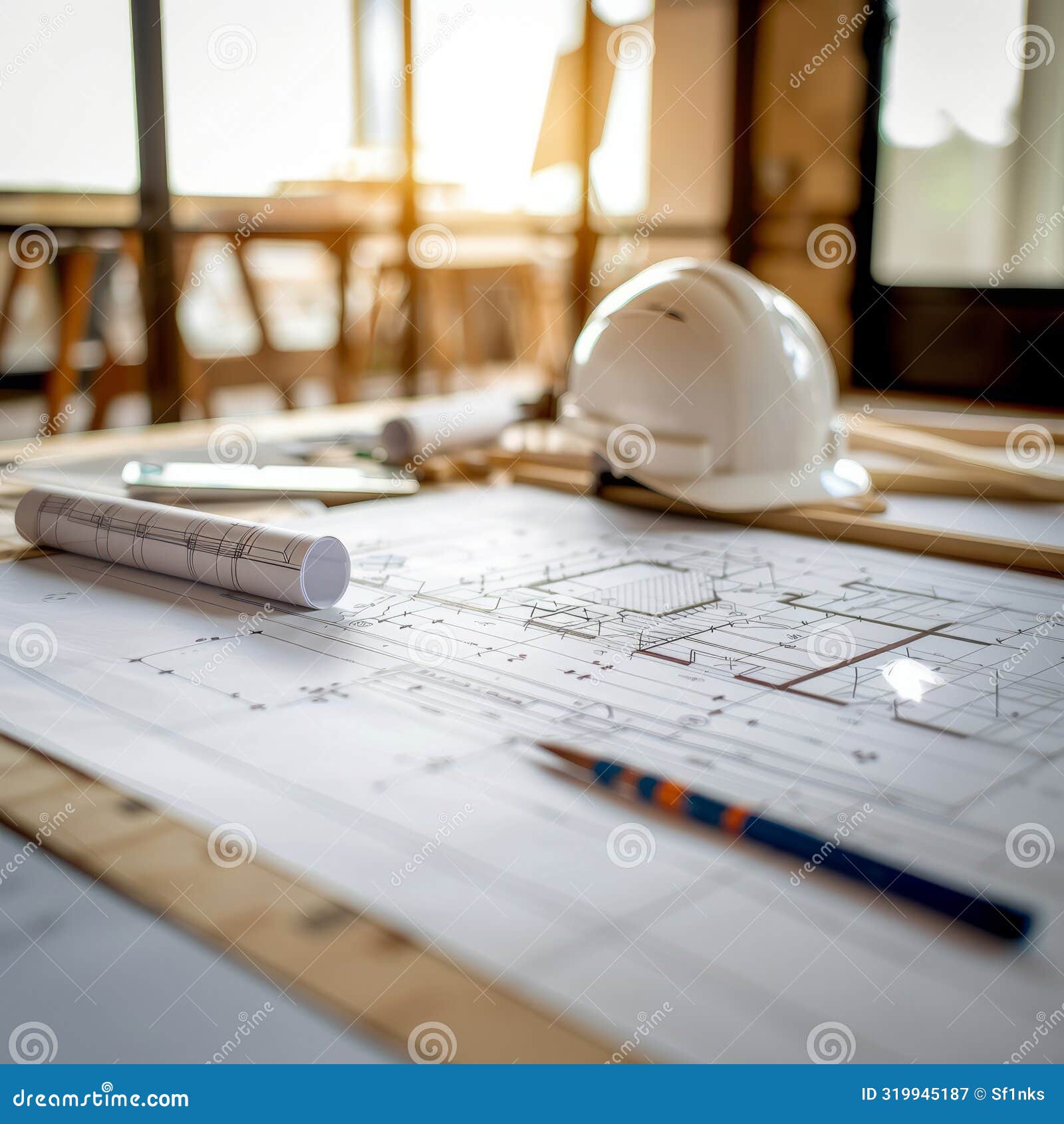 Engineering Workspace with Blueprints, Helmets, and Tools for Planning ...